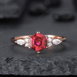Unique Hexagon Ruby Engagement Ring, Vintage Ruby and Marquise Diamond Wedding Ring, Dainty 14K ...