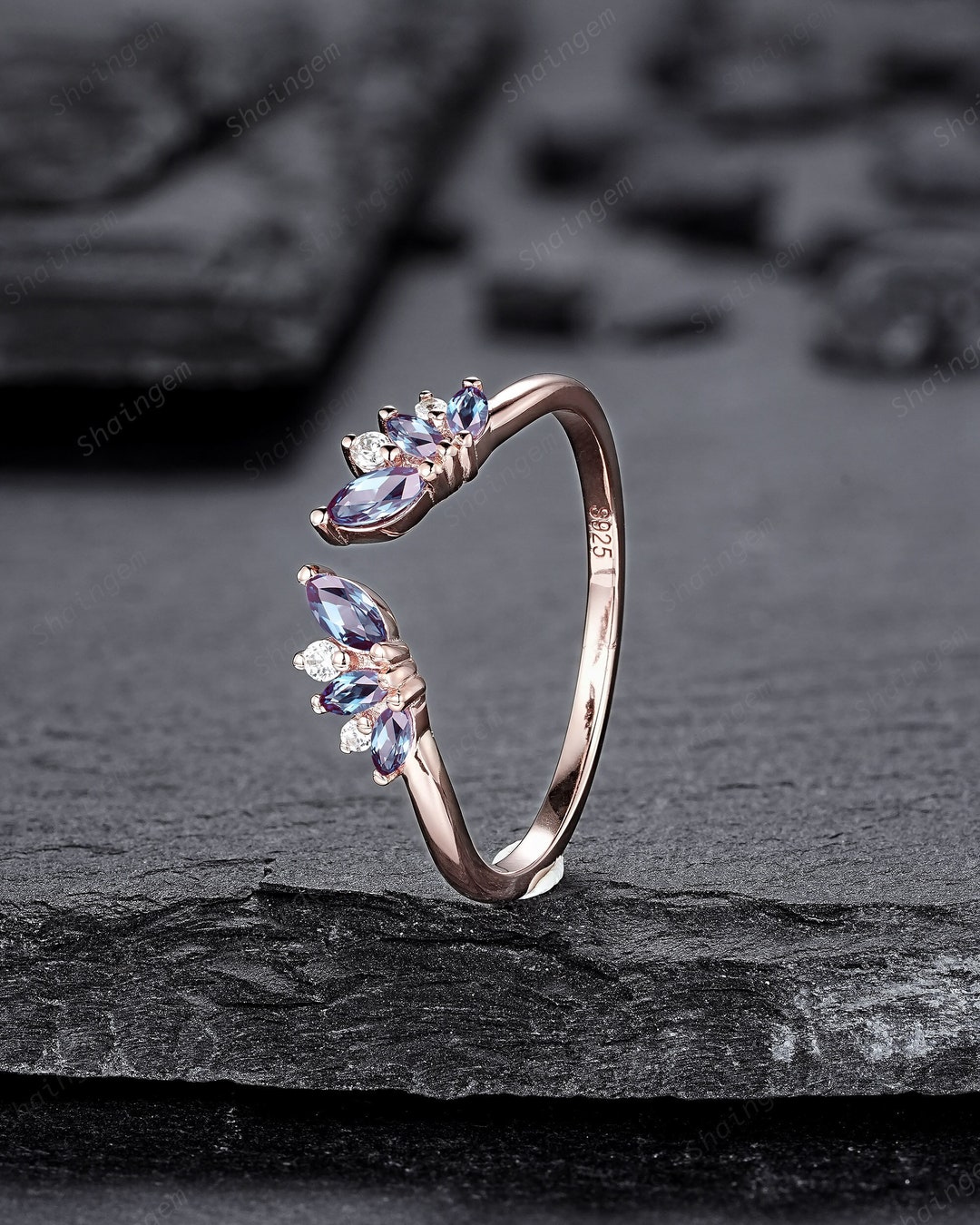 Open Gap Marquise Alexandrite Cluster Wedding Band, 14K Rose Gold ...