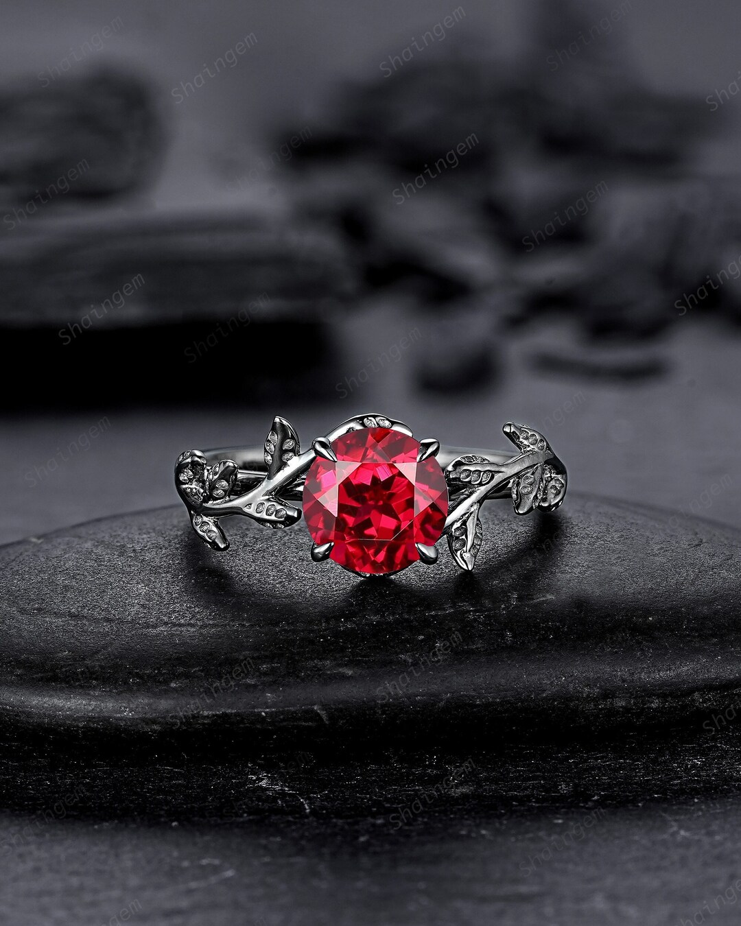 Black Gold Finish Round Ruby Engagement Ring, Rhodium Black Hip Hop Leaf Nature Inspired Ruby ...