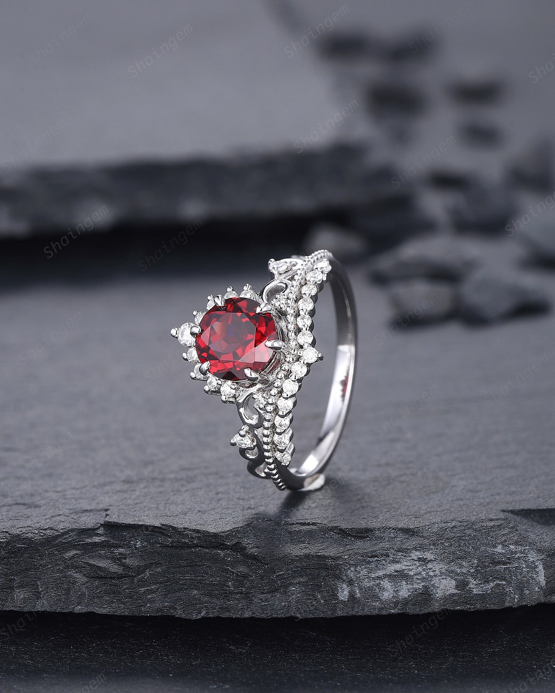 Vintage Round Rhodolite Garnet and Diamond Engagement Ring, Unique 14K ...