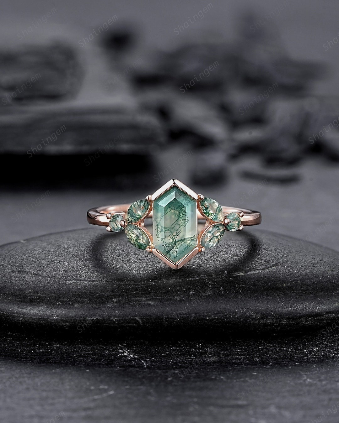 Vintage Hexagon Cut Cluster Moss Agate Engagement Ring, Silver Moss ...