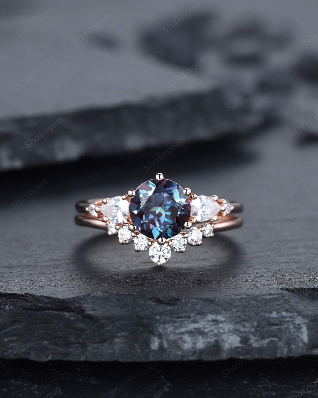 Round Shape Alexandrite Engagement Ring Set, Unique 14k Rose Gold ...