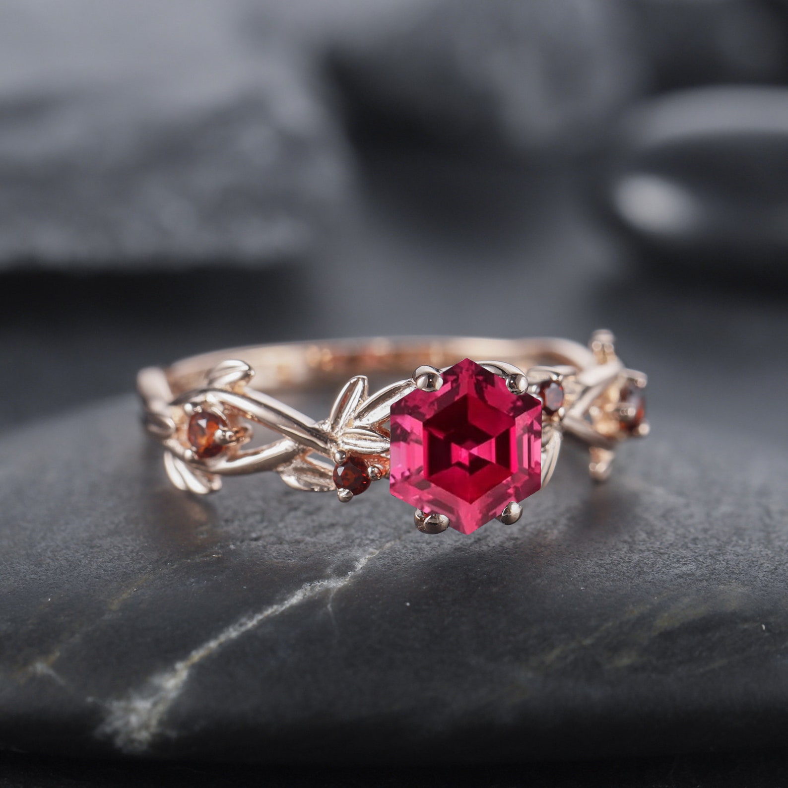 Vintage Hexagon Ruby and Garnet Engagement Ring Unique Nature - Etsy