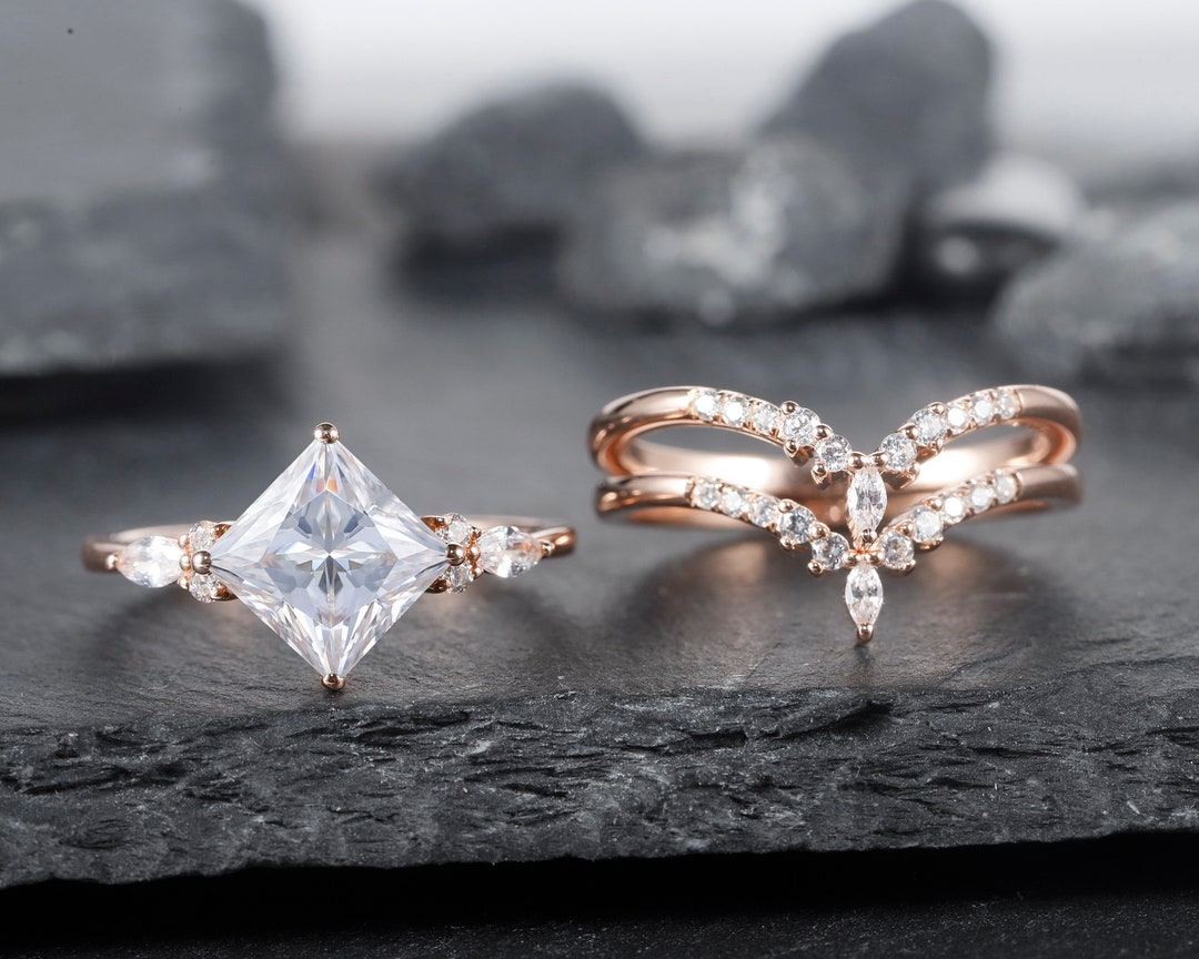 Unique Princess Cut Moissanite Bridal Set Vintage Moissanite - Etsy