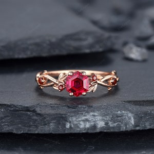 Vintage Hexagon Ruby and Garnet Engagement Ring, Unique Nature Inspired ...