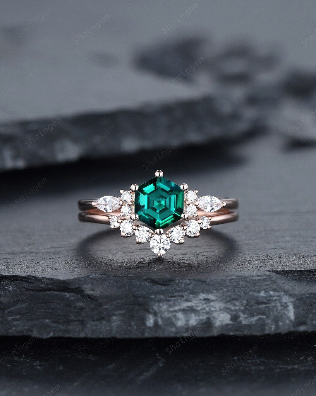 Unique Hexagon Emerald Engagement Ring Set, Vintage Green Emerald ...