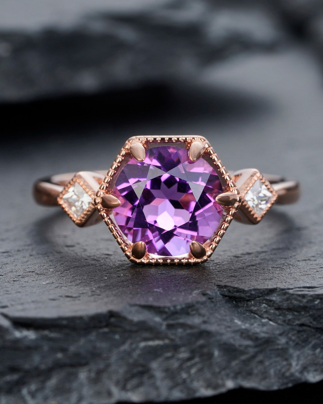 Vintage Round Amethyst Engagement Ring, Sterling Silver Amethyst ...