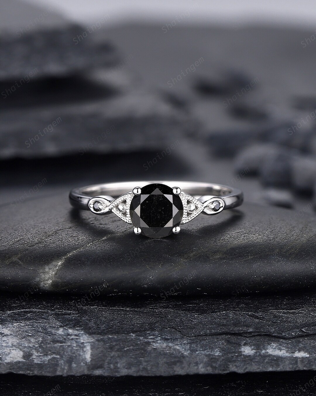 Round Shape Natural Black Diamond Engagement Ring ,14K 18K White Gold ...
