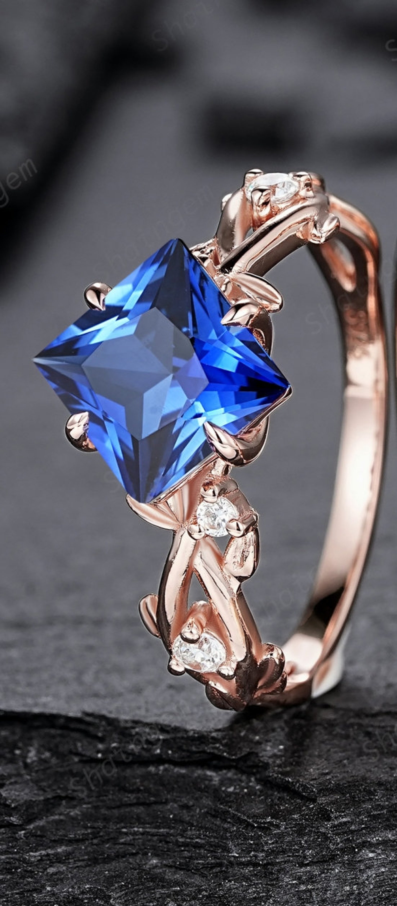 Princess Cut Cornflower Blue Sapphire Engagement Ring Set, 14K Rose ...