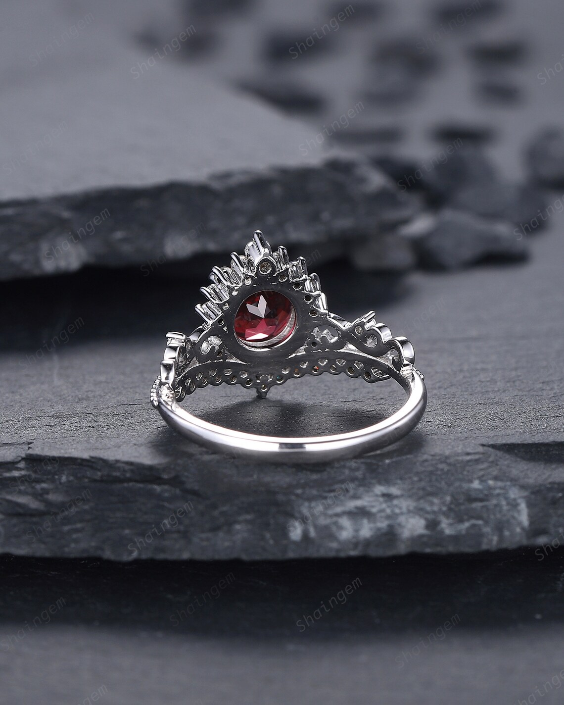 Vintage Round Rhodolite Garnet and Diamond Engagement Ring, Unique 14K ...