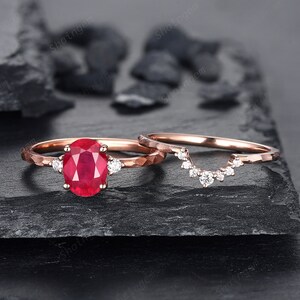Hammered Natural African Ruby Engagement Ring Set, Hand Forged 14K 18K Rose Gold Oval Shape Ruby ...