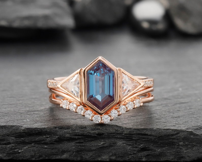 Vintage Long Hexagon Alexandrite Ring Set, Unique 14K Gold Alexandrite ...