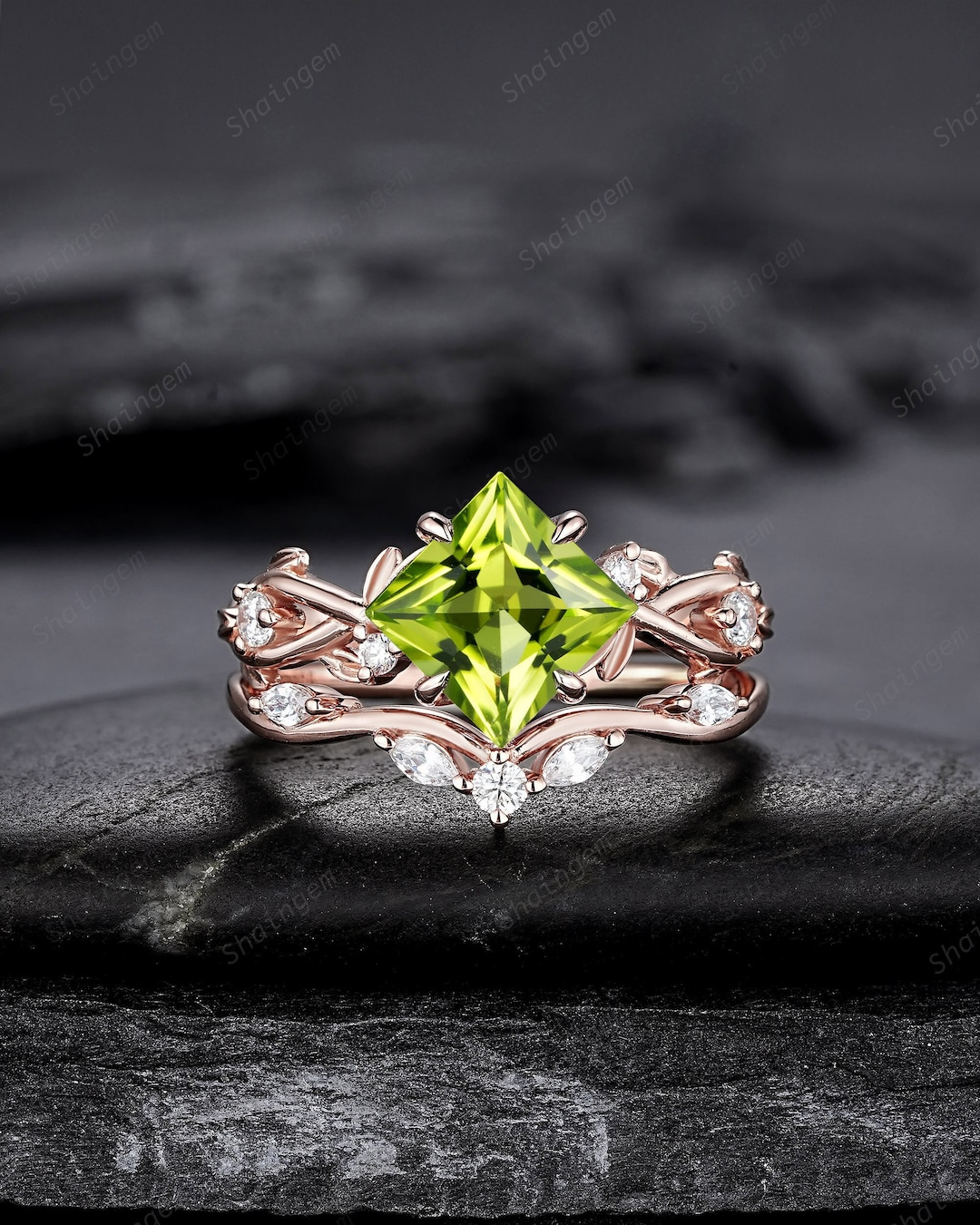 Princess Cut Peridot Engagement Ring Set, 14K Rose Gold August ...