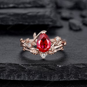 Nature Inspired Pear Shape Ruby Leaf Engagement Ring Set, 14K Rose Gold ...