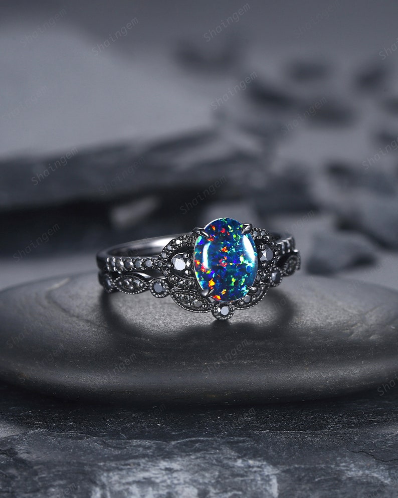 Oval Shape Black Fire Opal Engagement Ring Set, Black Gold Multi Fire ...