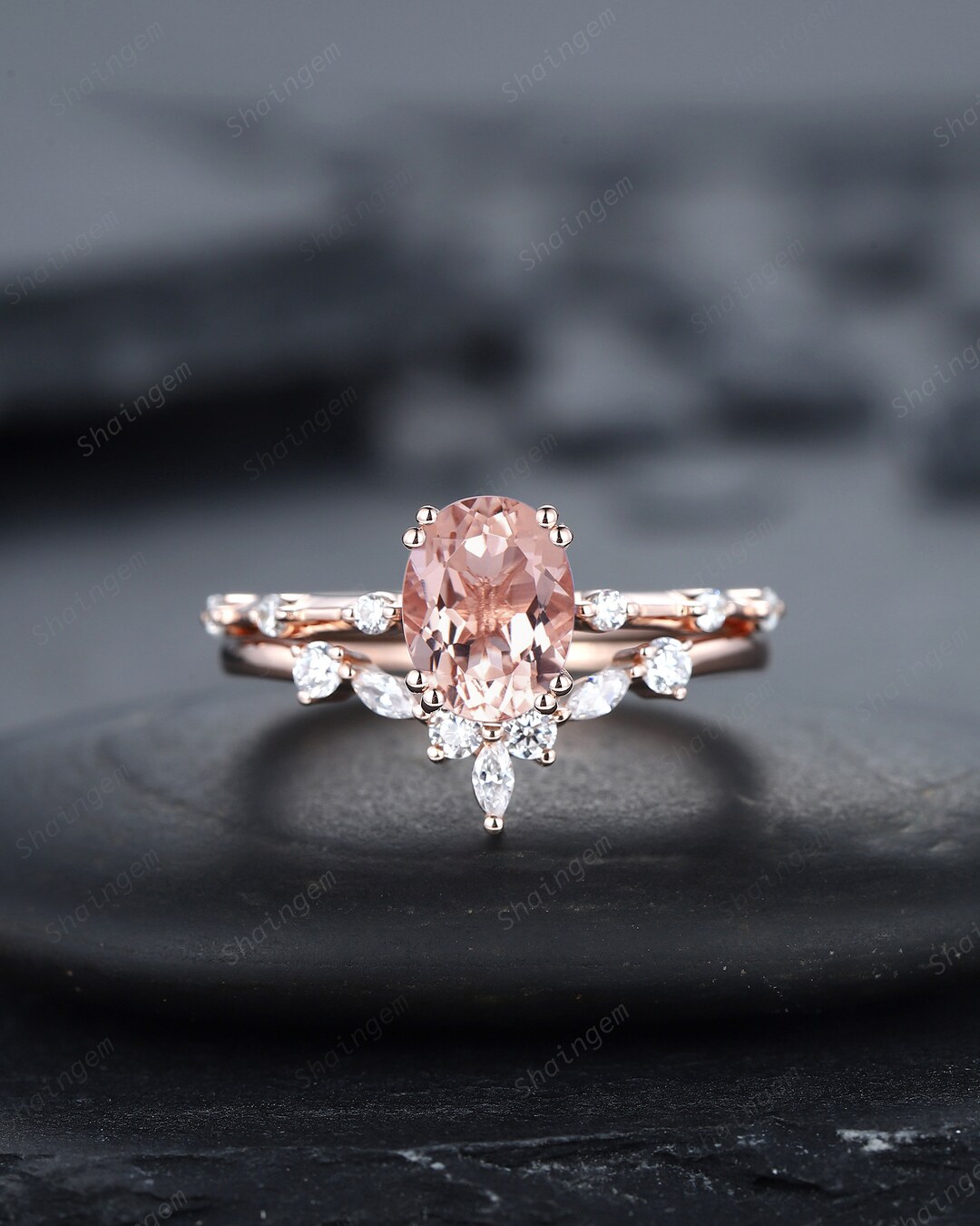 Vintage Oval Cut Pink Morganite Engagement Ring Set, Unique Pink ...