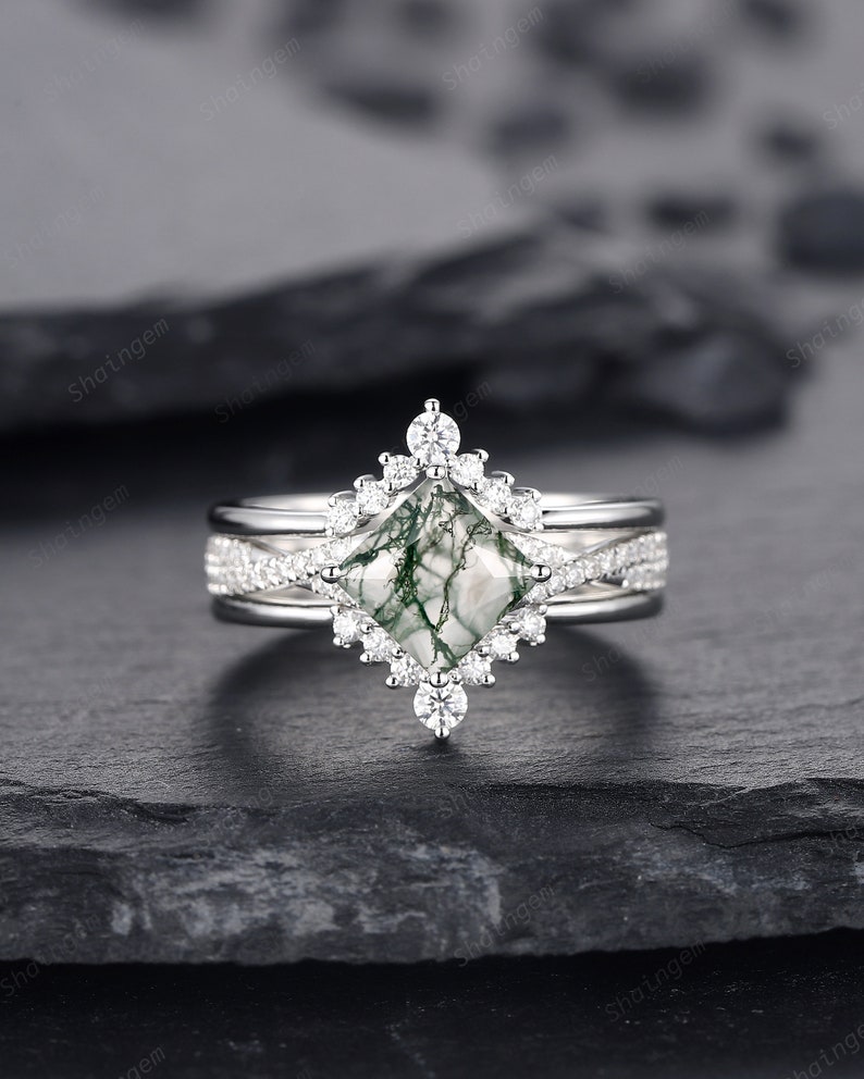 3PCS Princess Cut Moss Agate Engagement Ring, Platinum Moss Agate ...