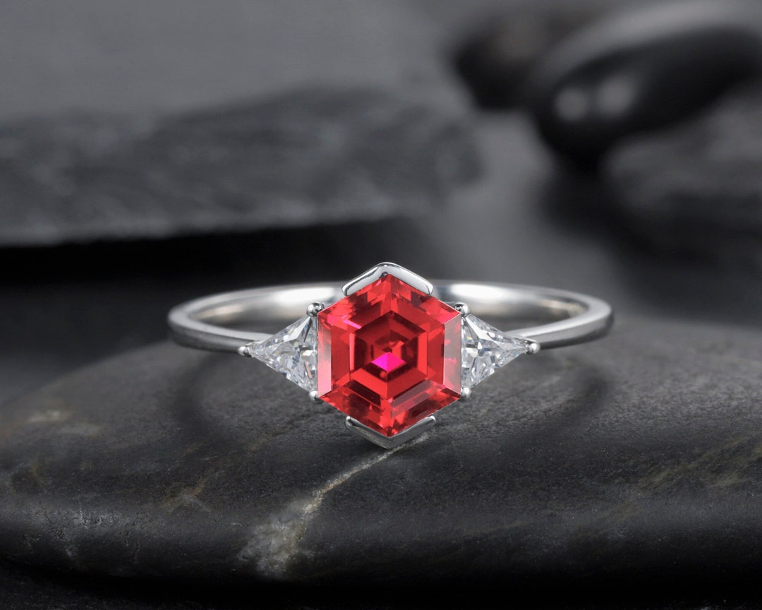 Dainty Hexagon Ruby Engagement Ring, Vintage Trilliant Moissanite ...