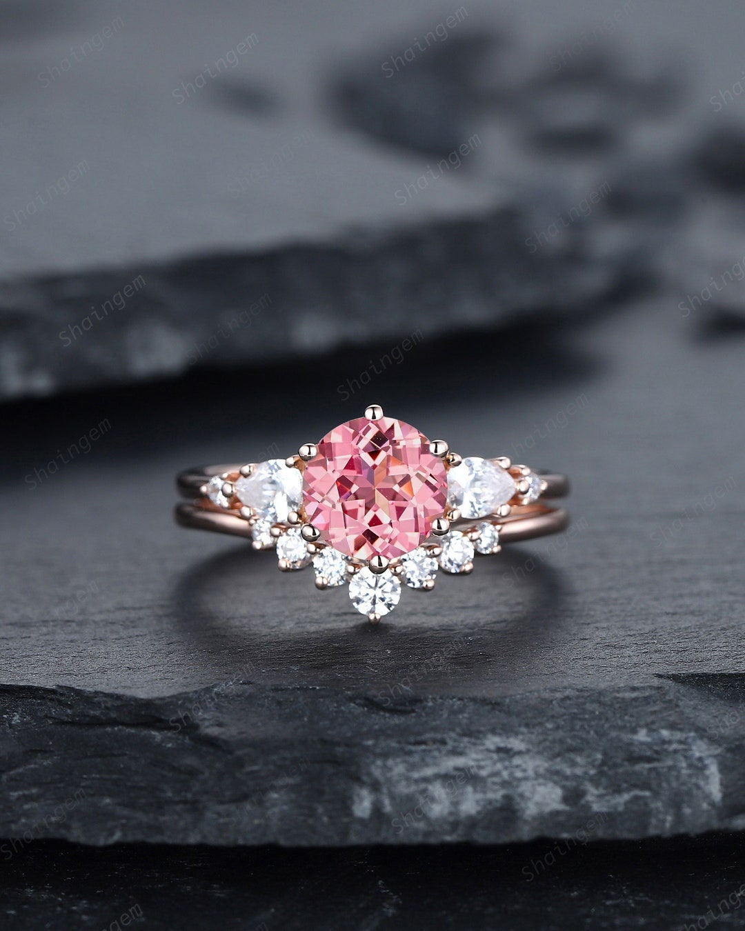 Round Shape Girly Pink Sapphire Engagement Ring Set, 14K Rose Gold ...