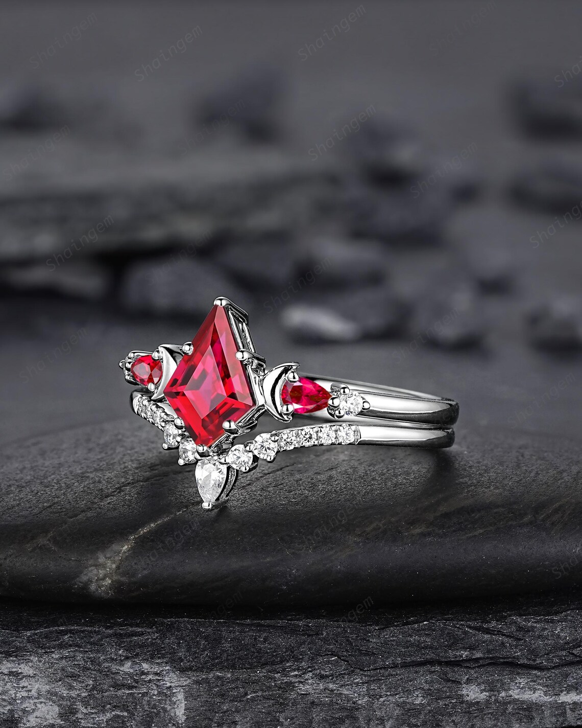 Platinum Kite Cut Ruby and Diamond Engagement Ring Set, Unique White ...