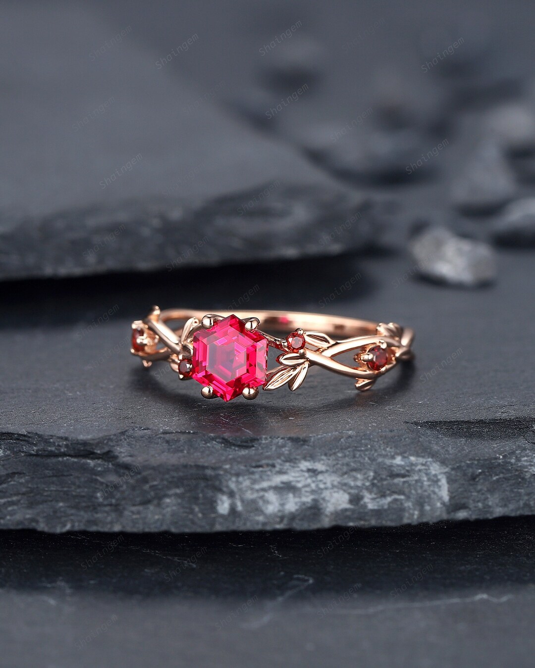 Vintage Hexagon Ruby and Garnet Engagement Ring, Unique Nature Inspired ...
