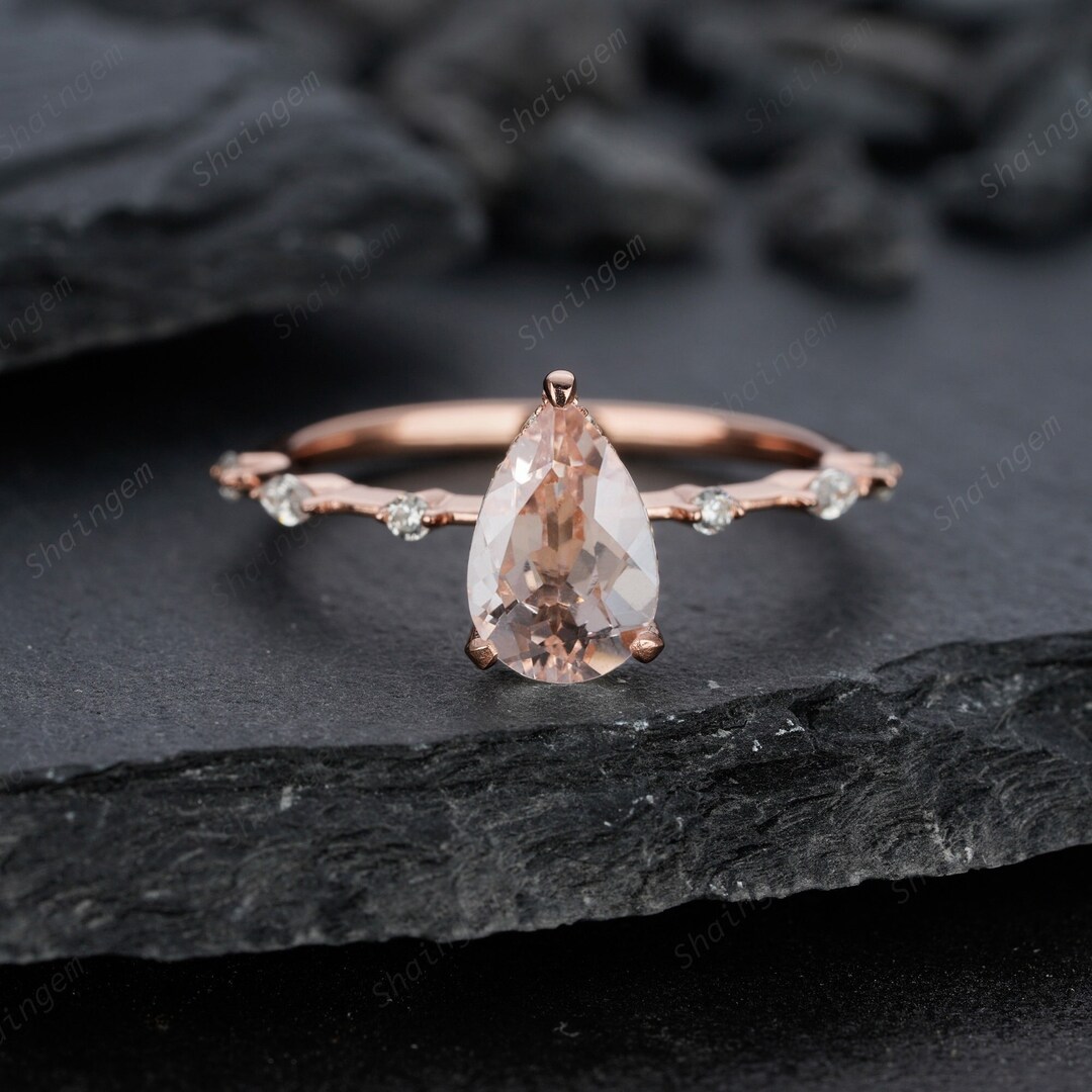 Pear Cut Pink Morganite Engagement Ring, Unique 14K Rose Gold Teardrop ...