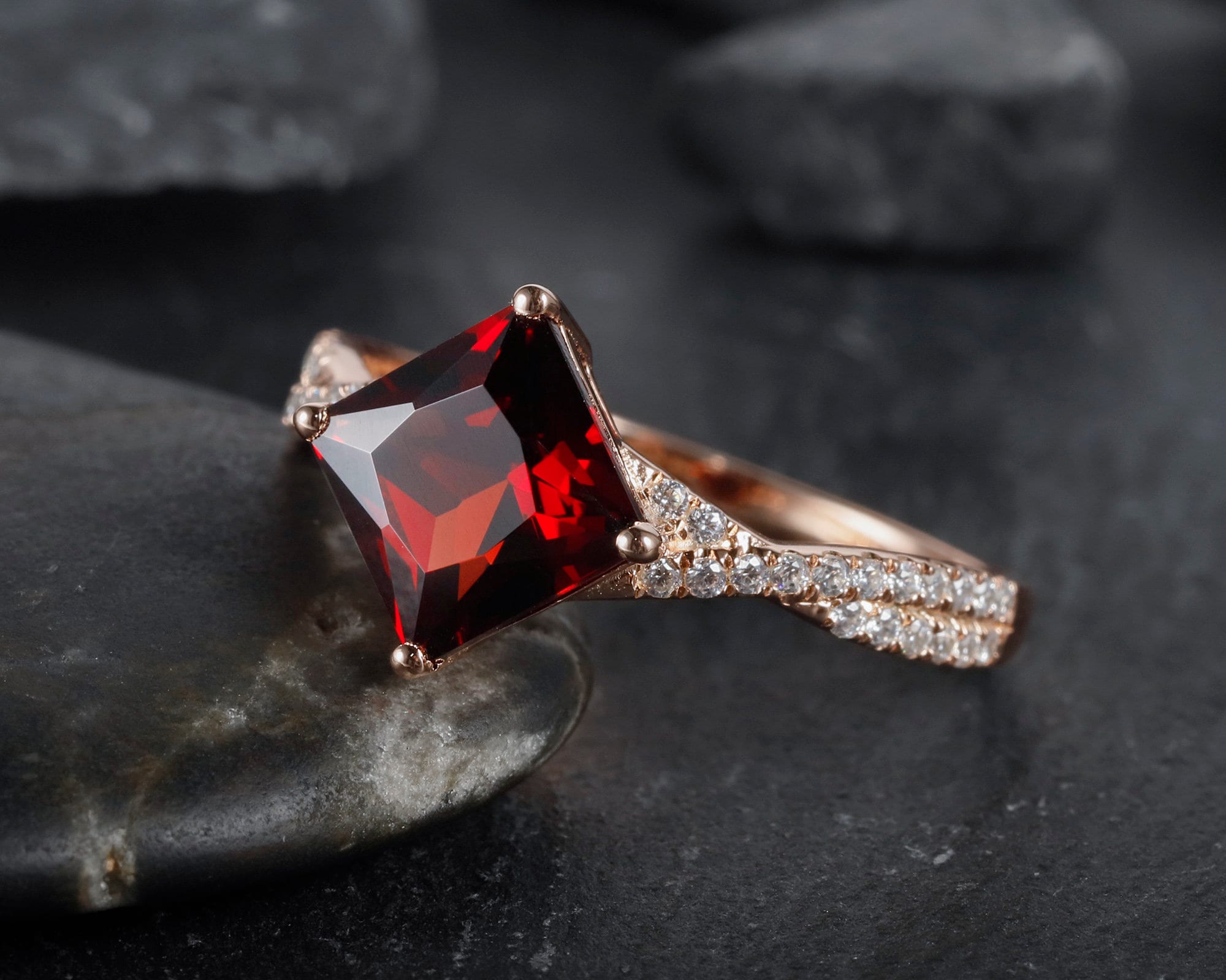 Princess Cut Garnet Diamond Engagement Ring Vintage January Birthstone ...