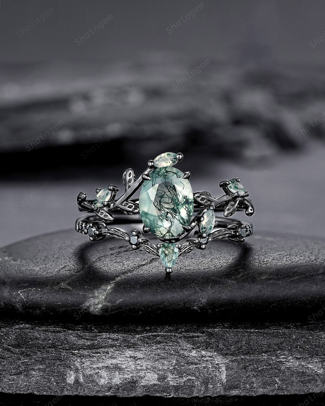 Unique Oval Shape Moss Agate Black Leaf Engagement Ring Set, Gothic ...