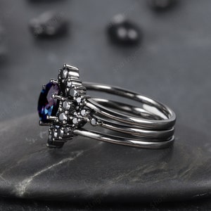 3PCS Round Cut Alexandrite Black Engagement Ring Set Vintage Black Moissanite Wedding Set Bridal ...