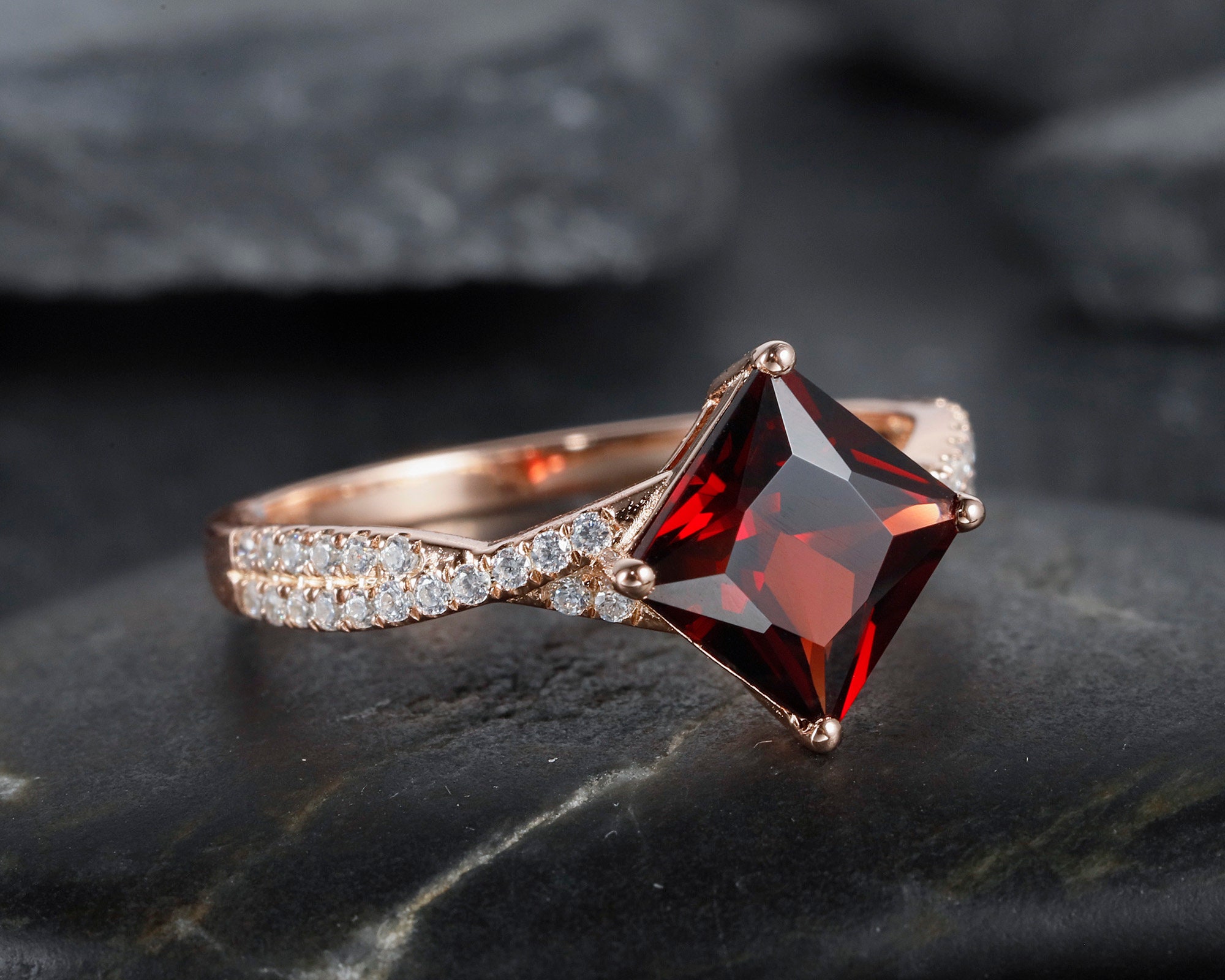Princess Cut Garnet Diamond Engagement Ring Vintage January Birthstone ...