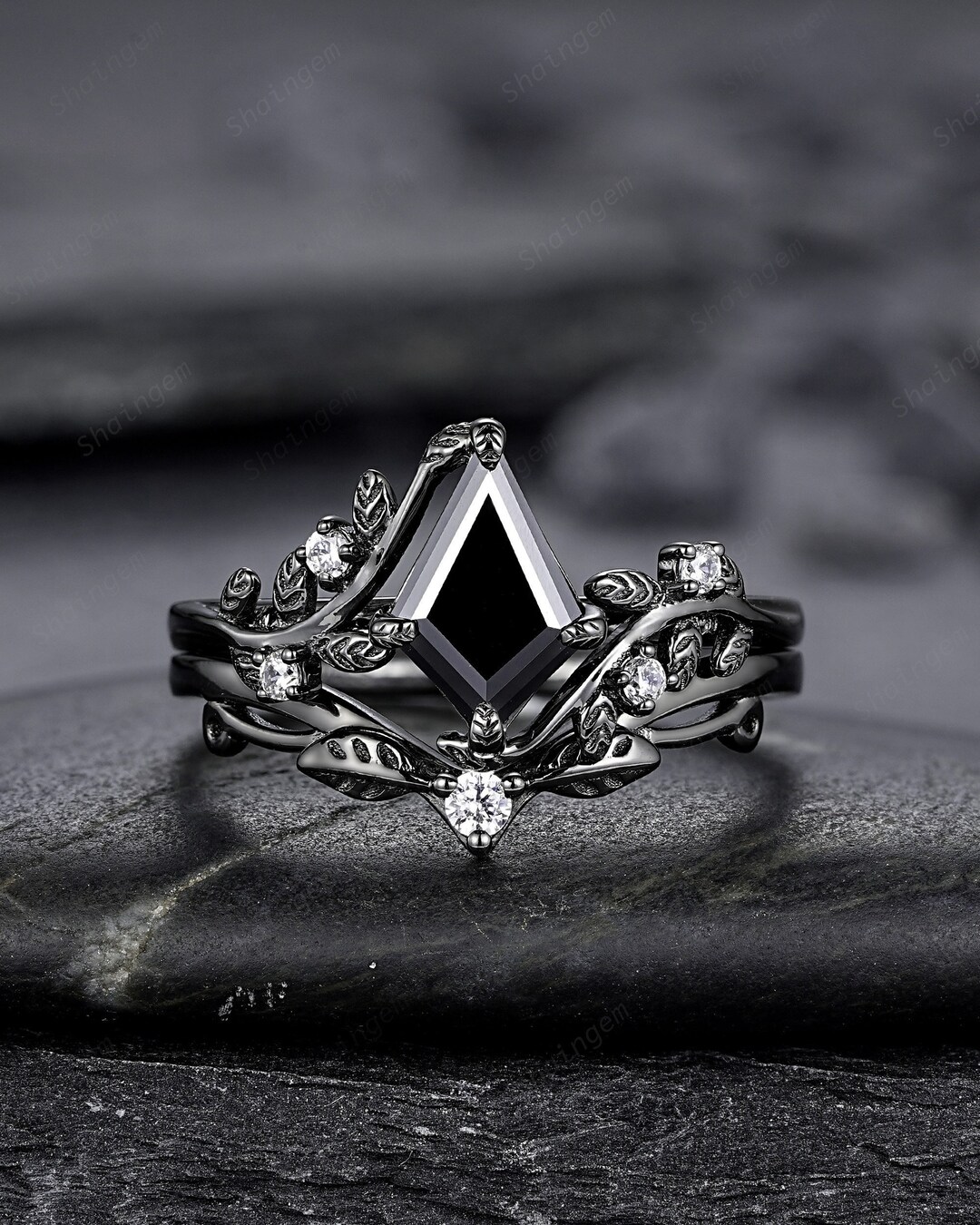 Gothic Black Gold Kite Cut Black Moissanite Leaf Engagement Ring ...