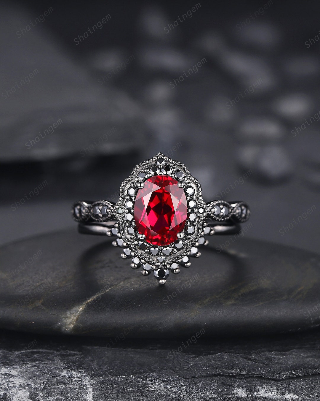 Black Gold Oval Shape Ruby Engagement Ring Set, Vintage Rhodium Black ...