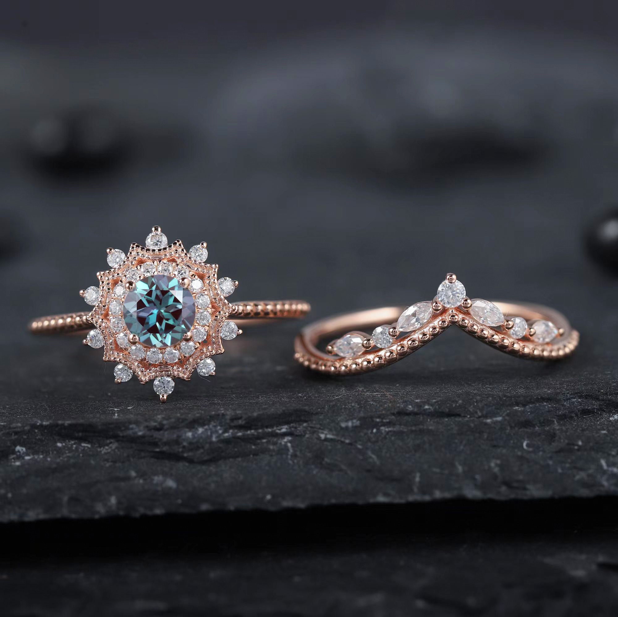 Vintage Cluster Alexandrite Bridal Set round Alexandrite 14K - Etsy