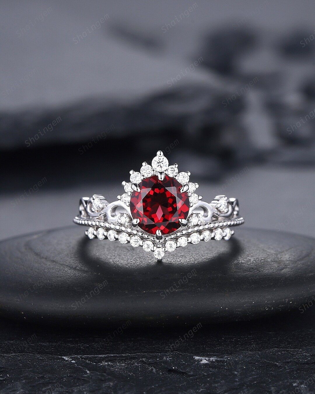 Vintage Round Rhodolite Garnet and Diamond Engagement Ring, Unique 14K ...