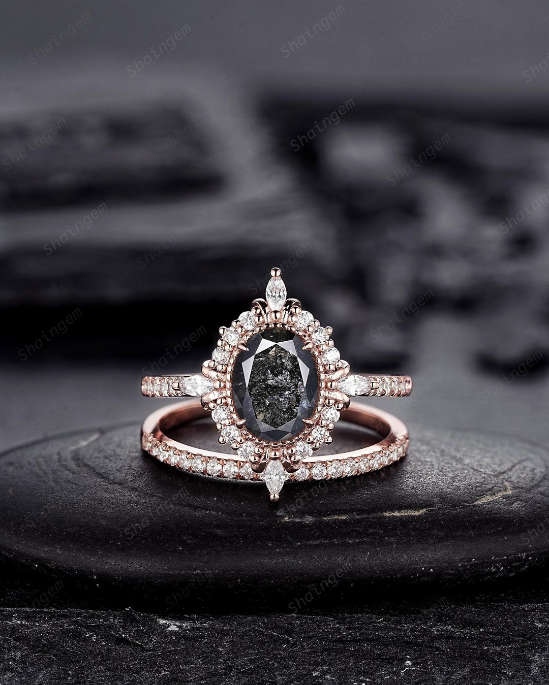 Natural Salt and Pepper Diamond Halo Engagement Ring, Peekaboo Setting ...
