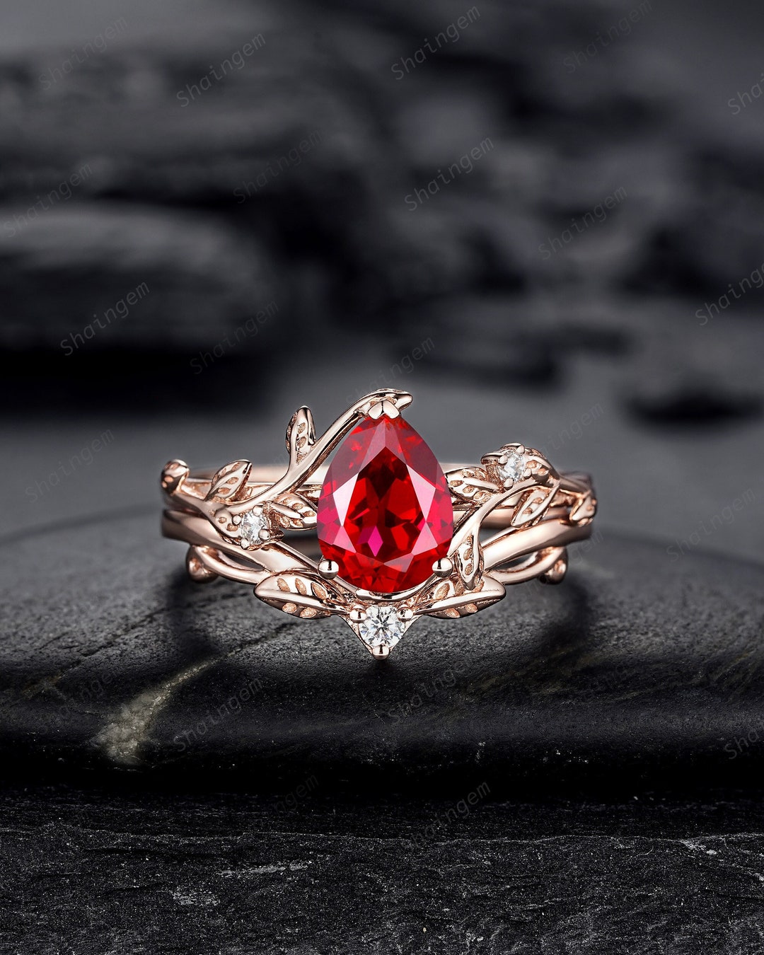 Nature Inspired Pear Shape Ruby Leaf Engagement Ring Set, 14K Rose Gold Twig Branch Promise Ring ...