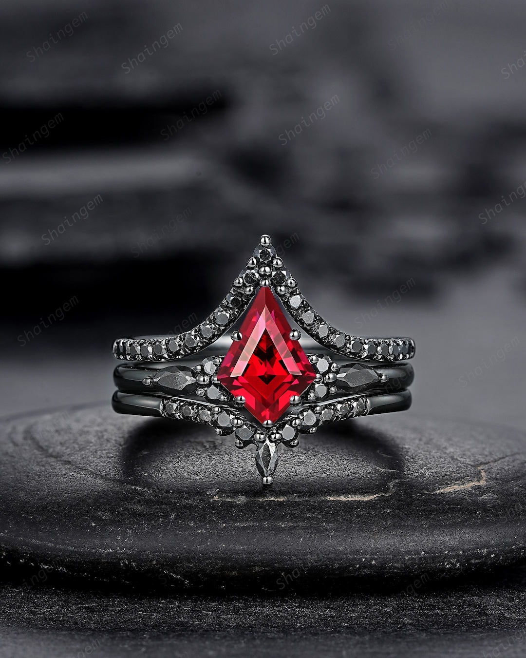 3PCS Gothic Kite Cut Ruby Black Engagement Ring Set, Black Gold Ruby Promise Ring, Vintage ...