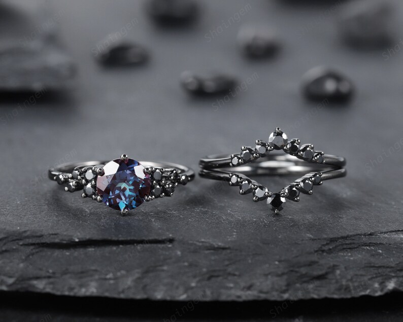 3PCS Round Cut Alexandrite Black Engagement Ring Set Vintage Black ...
