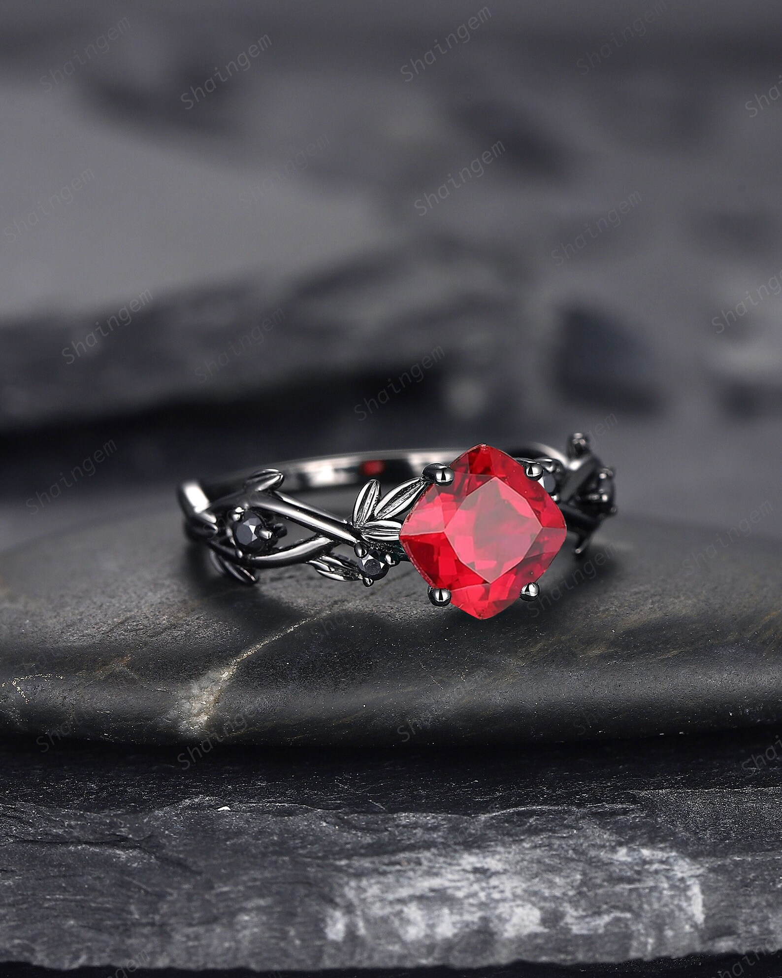 Black Gold Cushion Cut Ruby Engagement Ring, Rhodium Black Leaf Bridal ...