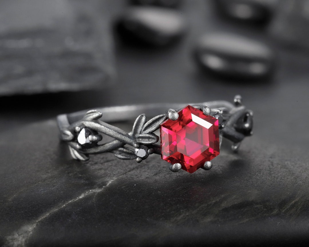 Black Gold Finish Hexagon Ruby Engagement Ring, Rhodium Black Leaf Twig ...