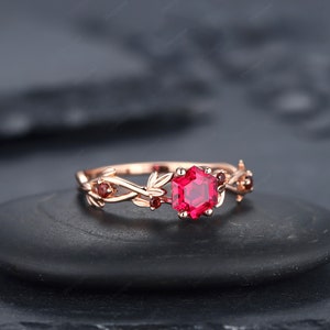 Vintage Hexagon Ruby and Garnet Engagement Ring, Unique Nature Inspired ...