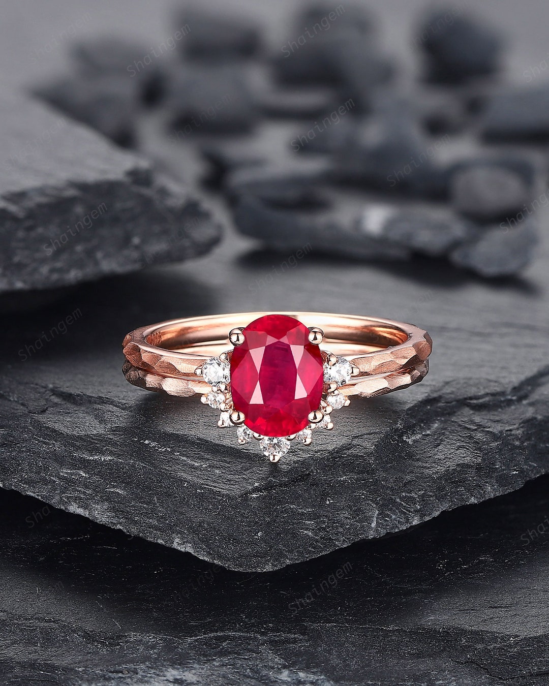 Hammered Natural African Ruby Engagement Ring Set, Hand Forged 14K 18K ...