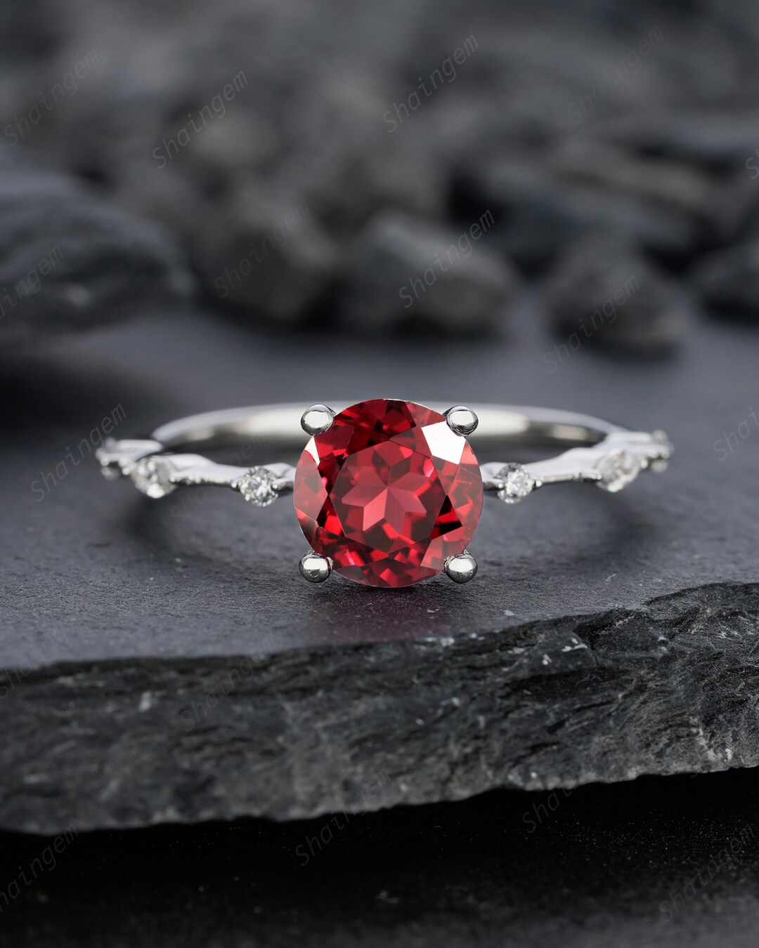 Unique Round Red Garnet Engagement Ring, Vintage January Birthstone ...