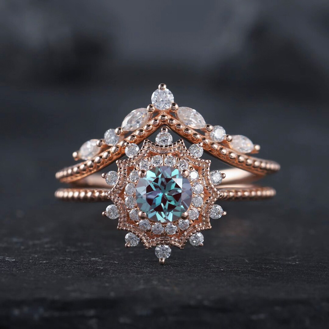 Vintage Cluster Alexandrite Bridal Set ,round Alexandrite 14K Rose Gold ...