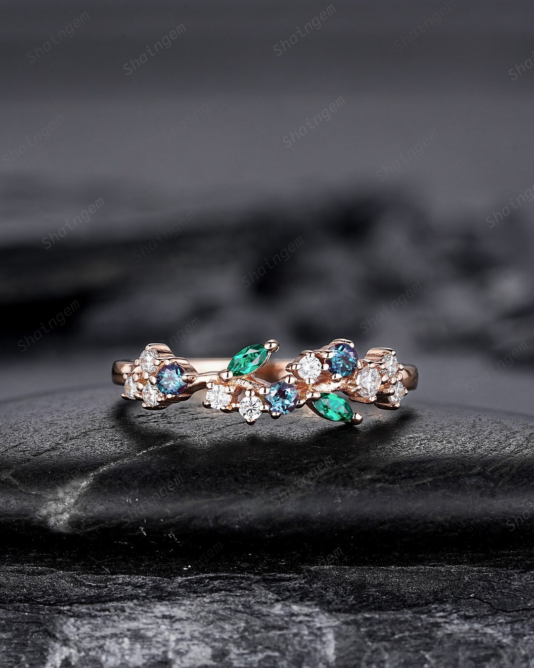 Nature Inspired Emerald and Alexandrite Engagement Ring, Rose Gold ...