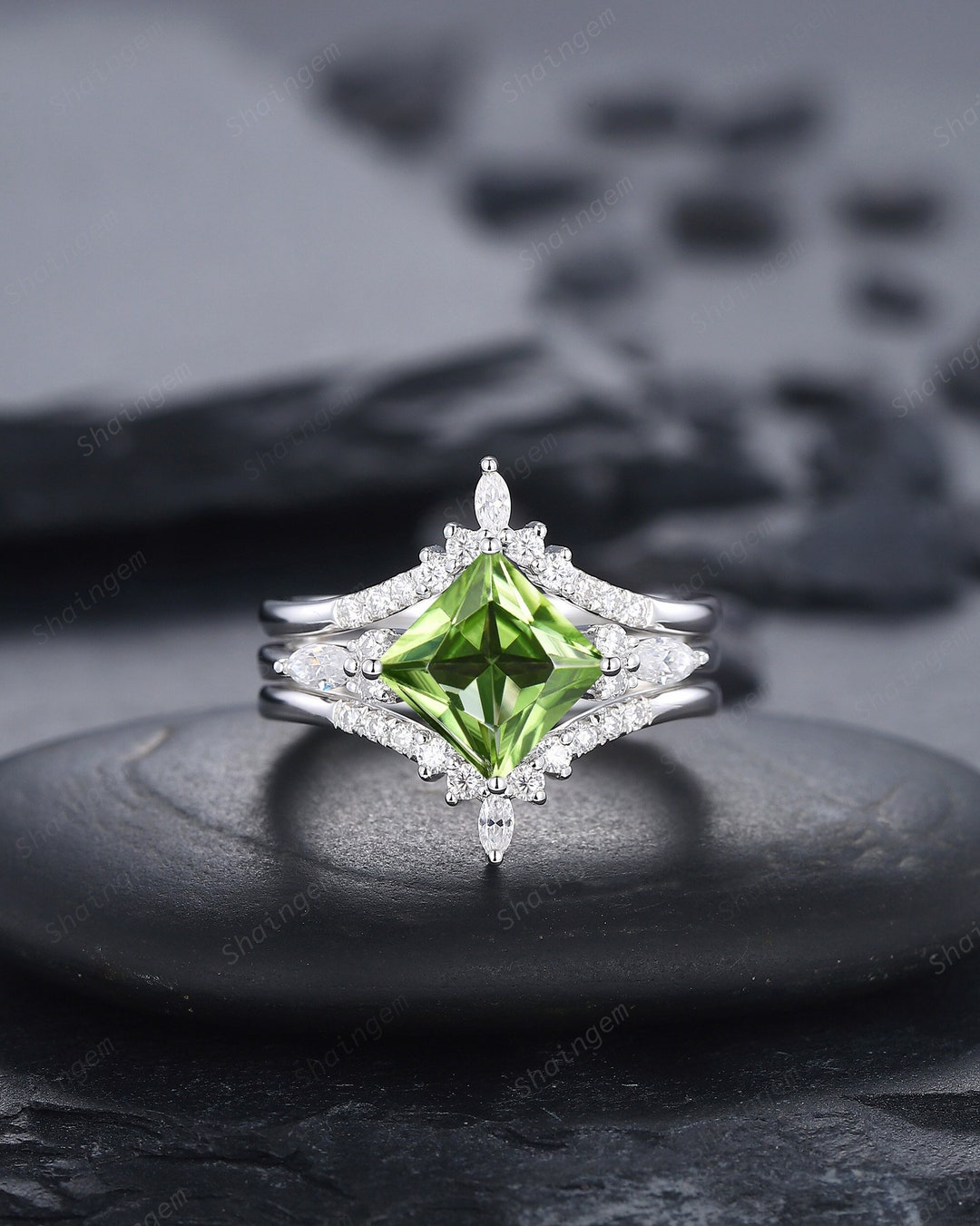 Princess Cut Peridot Bridal Set, Ring Guard Spacer Engagement Ring Set ...