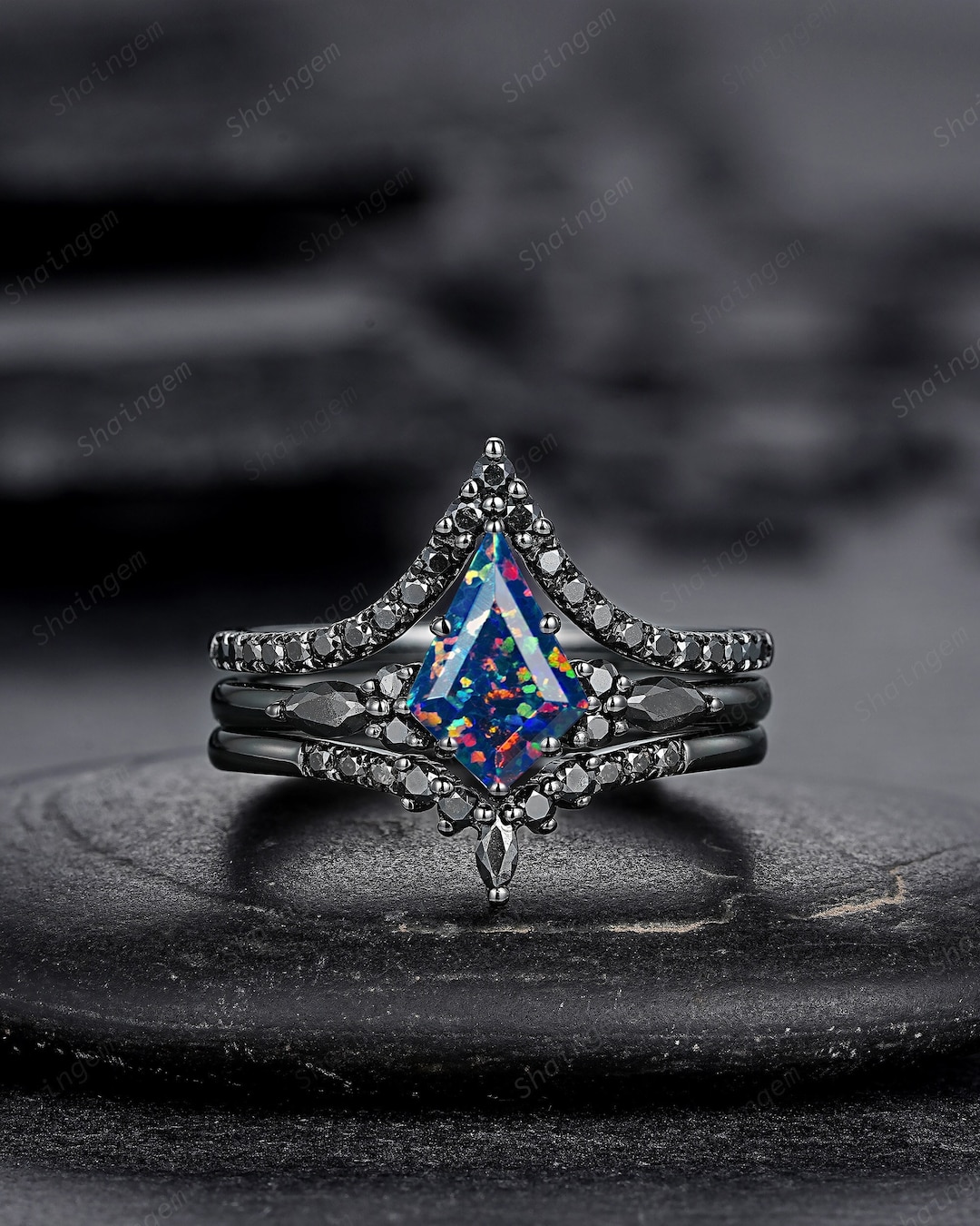 3PCS Gothic Kite Cut Black Opal Engagement Ring Set, Punk Black Gold ...