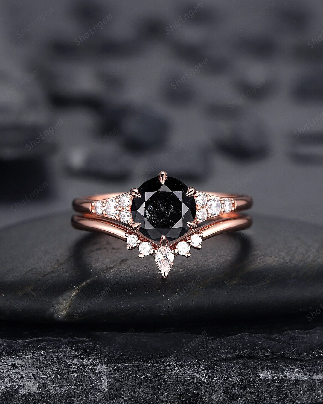 1.5 CT Round Shape Black Diamond Engagement Ring Set, 14K 18K Rose Gold ...