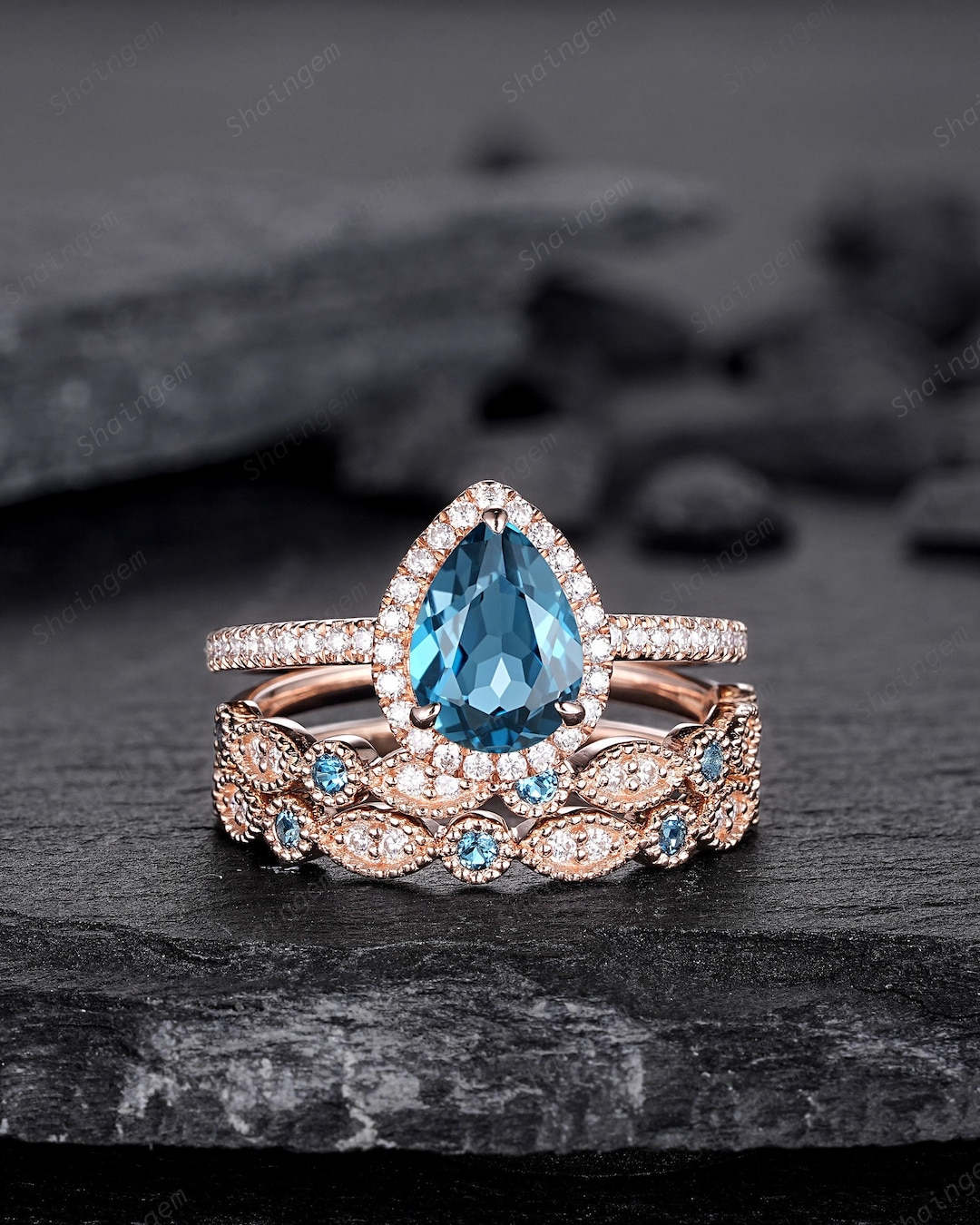 3PCS Pear Shape London Blue Topaz Halo Engagement Ring Set, Vintage Rose Gold Topaz Bridal Set ...