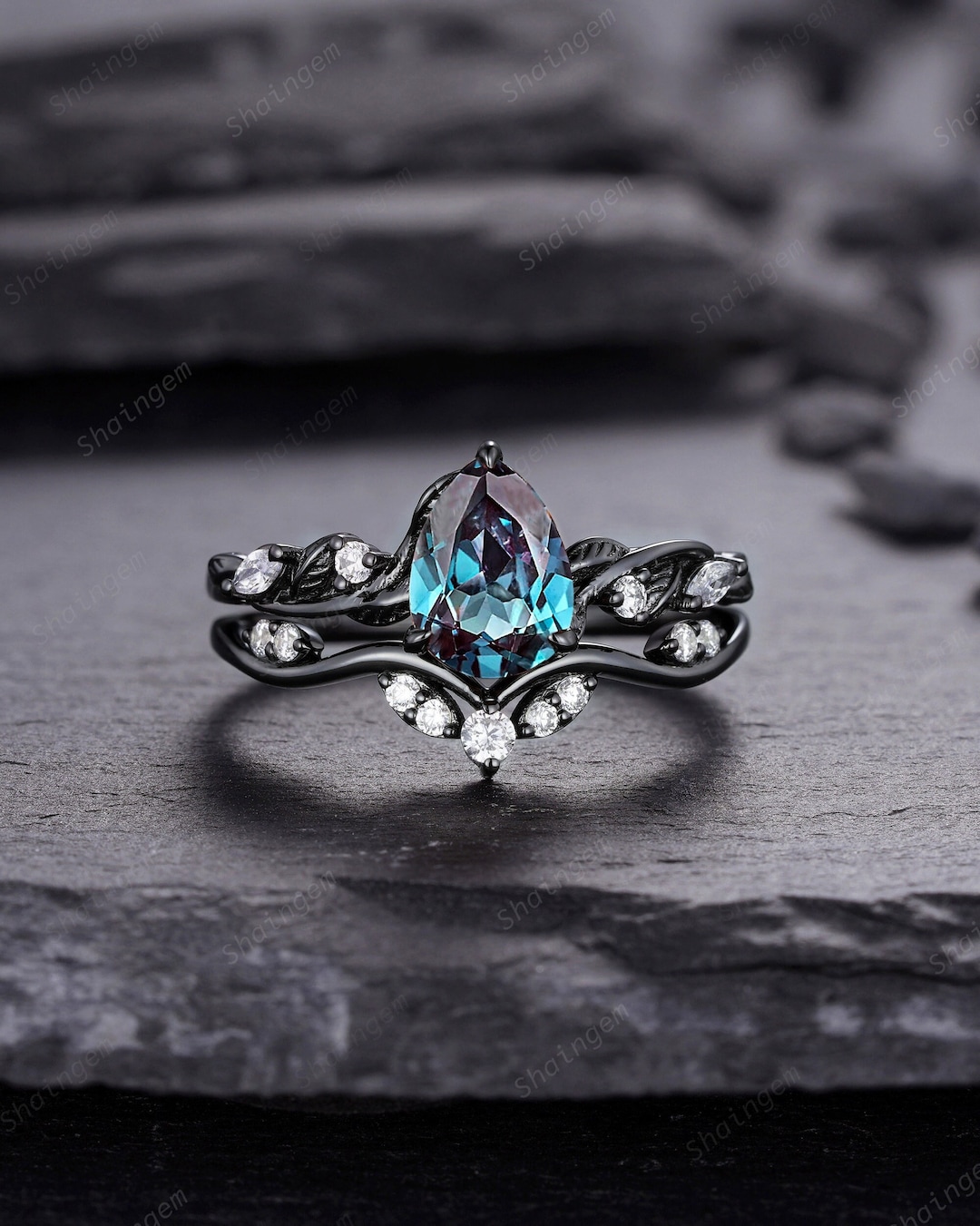 Pear Shape Alexandrite Twig Engagement Ring, Black Gold Gothic Promise ...